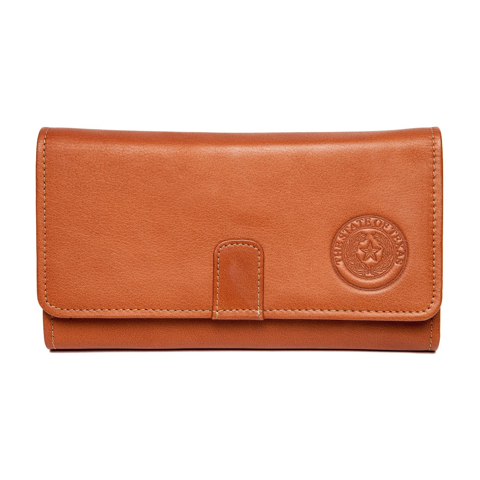 Texas State Seal Leather Long Tri-Fold Wallet - Saddle